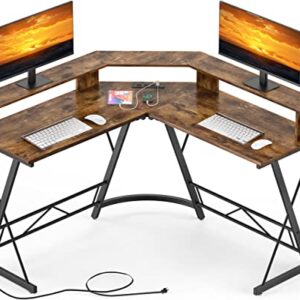 Mr IRONSTONE L Shaped Desk with Power Outlet 50" Computer Desk with Large Monitor Stand, Corner Desk Home Office Workstation Desks, Modern Simple Style Writing Table Desk