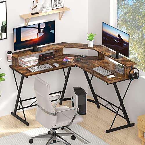 Mr IRONSTONE L Shaped Desk with Power Outlet 50" Computer Desk with Large Monitor Stand, Corner Desk Home Office Workstation Desks, Modern Simple Style Writing Table Desk