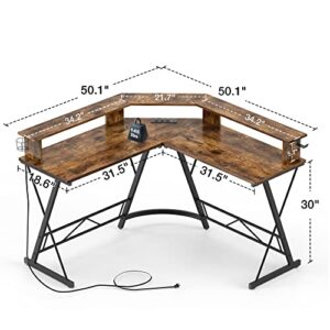 Mr IRONSTONE L Shaped Desk with Power Outlet 50" Computer Desk with Large Monitor Stand, Corner Desk Home Office Workstation Desks, Modern Simple Style Writing Table Desk