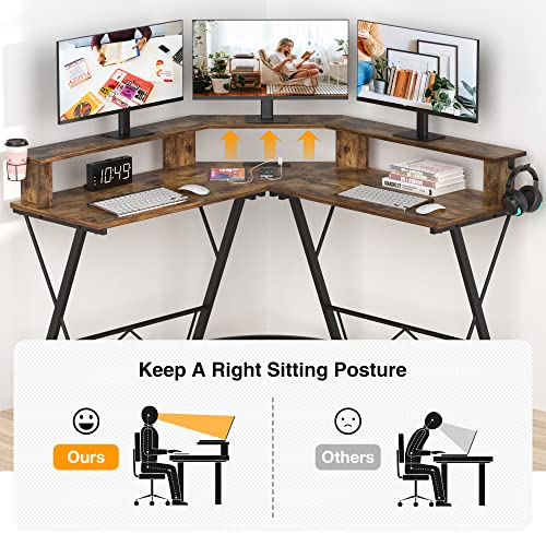 Mr IRONSTONE L Shaped Desk with Power Outlet 50" Computer Desk with Large Monitor Stand, Corner Desk Home Office Workstation Desks, Modern Simple Style Writing Table Desk