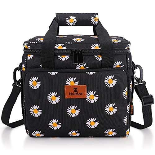 Hafmall Insulated Lunch Bag for Women, 18 Cans Leakproof Lunch Cooler Bag with Shoulder Strap, Adult Lunch Boxes for Women for Work/Picnic, Black+Daisy