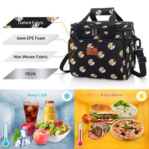 Hafmall Insulated Lunch Bag for Women, 18 Cans Leakproof Lunch Cooler Bag with Shoulder Strap, Adult Lunch Boxes for Women for Work/Picnic, Black+Daisy