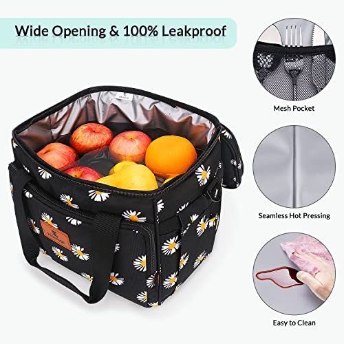 Hafmall Insulated Lunch Bag for Women, 18 Cans Leakproof Lunch Cooler Bag with Shoulder Strap, Adult Lunch Boxes for Women for Work/Picnic, Black+Daisy