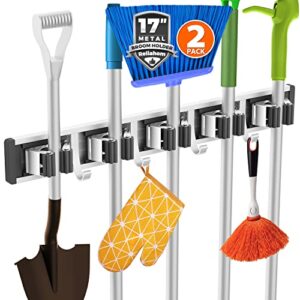 reliahom 2 pack broom holder mop hanger wall mount metal organization garage storage system garden kitchen tool organizer(5 racks with 4 hooks, black)