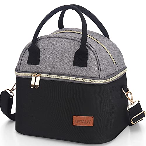 Urtala Insulated Lunch Bag for Women, 9L Dual Compartment Lunch Box with Shoulder Strap, Reusable Cooler Bag for Adult Office Work Outdoor Picnic, Black Gray