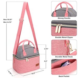 Urtala Insulated Lunch Bag for Women, 9L Dual Compartment Lunch Box with Shoulder Strap, Reusable Cooler Bag for Adult Office Work Outdoor Picnic, Pink Gray