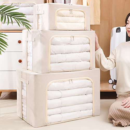 Clothes Storage Bag Foldable Storage Bin Closet Organizer Holder Container with Steel Frame Shelf Reinforced Handle Sturdy Clear Window For Quilt Clothing Blanket Pillow Shoe (M 66L)