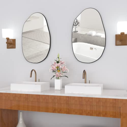 Manocorro Irregular Wall Mirror, Asymmetrical Mirro, Large Wall Mounted Black Framed Bathroom Mirror, Unique Vanity Mirror, Irregular Dressing Mirror for Bedroom Living Room Entryway, 33.5'' x 20.5''