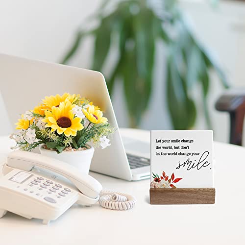 Pigort Let Your Smile Change the World Sign Decor Inspirational Desk Quote Sign Office Motivational Gifts Positive Quotes Ceramic Decor with Wooden Stand for Home Office Classroom Decoration