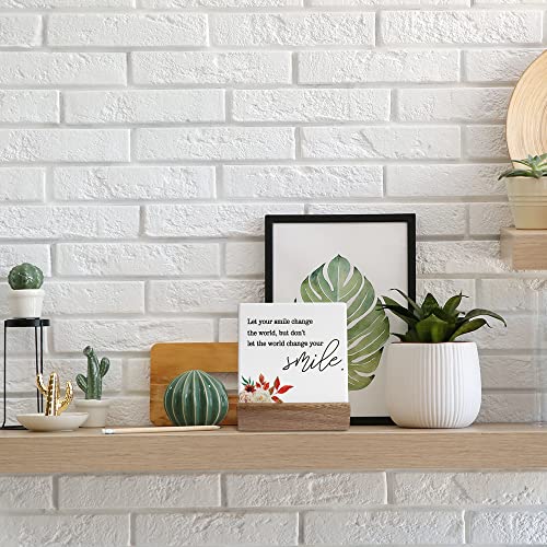 Pigort Let Your Smile Change the World Sign Decor Inspirational Desk Quote Sign Office Motivational Gifts Positive Quotes Ceramic Decor with Wooden Stand for Home Office Classroom Decoration