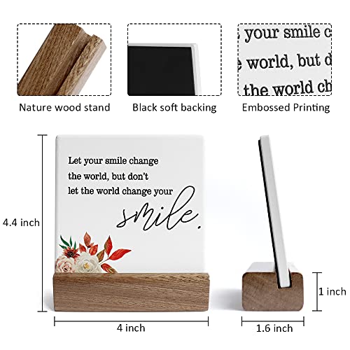 Pigort Let Your Smile Change the World Sign Decor Inspirational Desk Quote Sign Office Motivational Gifts Positive Quotes Ceramic Decor with Wooden Stand for Home Office Classroom Decoration