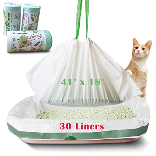 Mavere Jumbo Cat Litter Box Liners - 30 Count Extra Large Drawstring Bags, 4 Mils Thickness Pan Liner for Pet Cats and Kitties - 41" x 18" Oversized