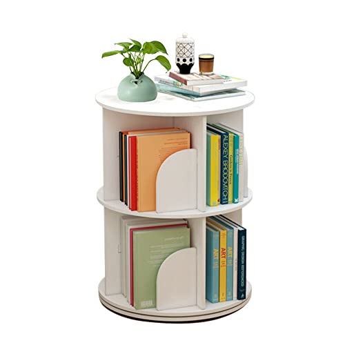 BJTDLLX Rotating Bookshelf, 2 Tiers Freestanding Storage Shelf, 360° Rotating White Bookshelf Round Bookcase Magazines A4 Papers Organizer, for Home Office Living Room 15.7x15.7x23.6in, White 2 Tiers