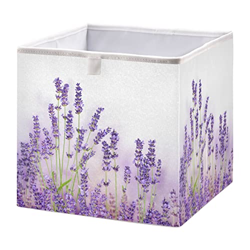 Kigai Lavender Flowers Cube Storage Bin 15.7x10.6x7 in, Large Organizer Collapsible Storage Basket for Shelves, Closet, Storage Room