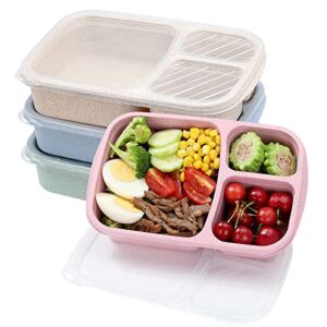 buluker 4 pack bento lunch box set 3 compartment wheat straw meal prep food storage containers plastic, microwave and dishwasher safe (3 compartment)