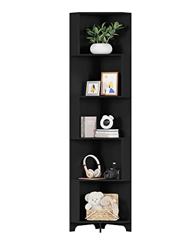 Yusong Bookshelf Corner Shelf Bookcase, Wooden 5-Tier Book Shelves Display Cabinet for Living Room,Bedroom,Bathroom, Black