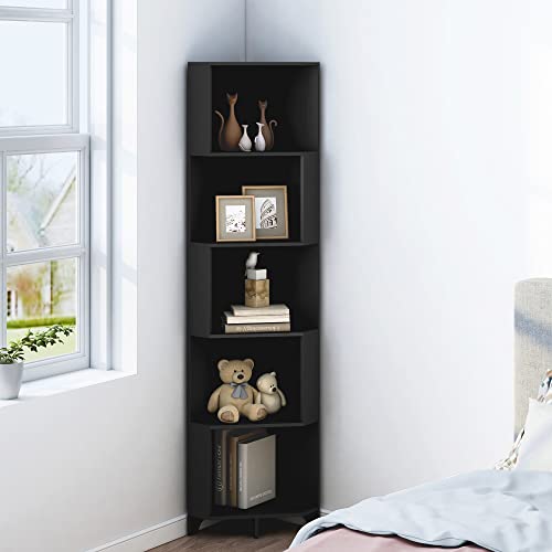 Yusong Bookshelf Corner Shelf Bookcase, Wooden 5-Tier Book Shelves Display Cabinet for Living Room,Bedroom,Bathroom, Black