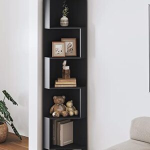 Yusong Bookshelf Corner Shelf Bookcase, Wooden 5-Tier Book Shelves Display Cabinet for Living Room,Bedroom,Bathroom, Black