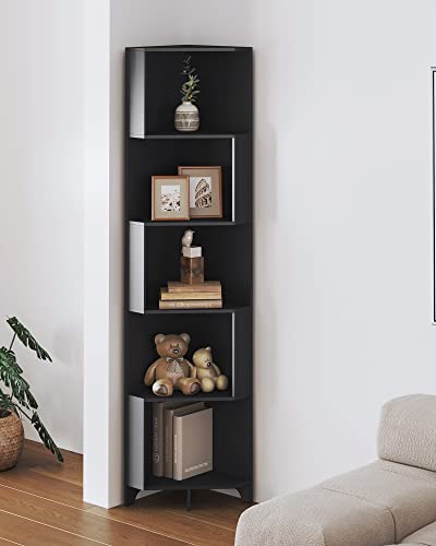 Yusong Bookshelf Corner Shelf Bookcase, Wooden 5-Tier Book Shelves Display Cabinet for Living Room,Bedroom,Bathroom, Black