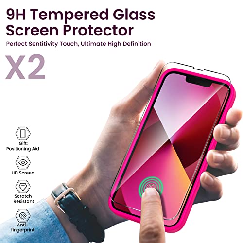 ORNARTO Compatible with iPhone 13 Case 6.1 inch, with 2 x Screen Protector, Liquid Silicone Gel Rubber Cover [Full Body] Shockproof Protective Phone Case for iPhone 13 -Hot Pink