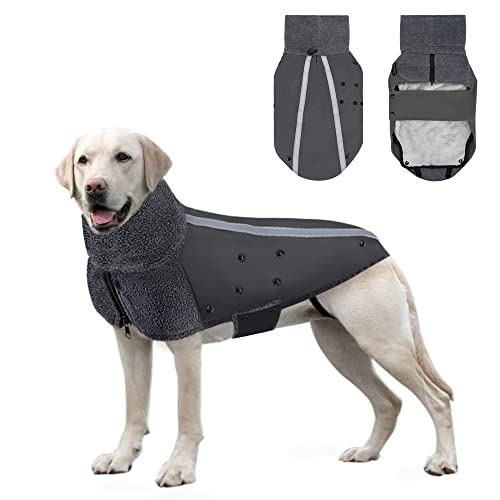 SlowTon Dog Jacket for Large Medium Small Dogs, Warm Fleece Dog Winter Coat with Turtleneck Scarf, Rain Proof Windproof Reflective Puppy Outdoor Vest Snow Cold Weather Coat (Double Lining Grey,L)