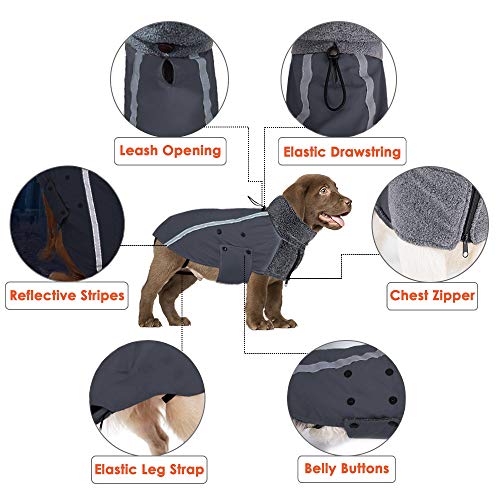 SlowTon Dog Jacket for Large Medium Small Dogs, Warm Fleece Dog Winter Coat with Turtleneck Scarf, Rain Proof Windproof Reflective Puppy Outdoor Vest Snow Cold Weather Coat (Double Lining Grey,L)