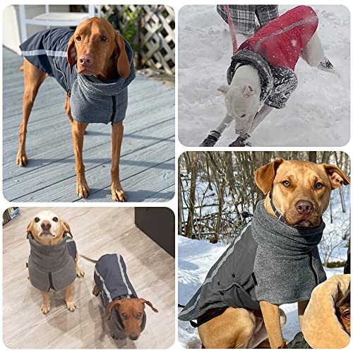 SlowTon Dog Jacket for Large Medium Small Dogs, Warm Fleece Dog Winter Coat with Turtleneck Scarf, Rain Proof Windproof Reflective Puppy Outdoor Vest Snow Cold Weather Coat (Double Lining Grey,L)