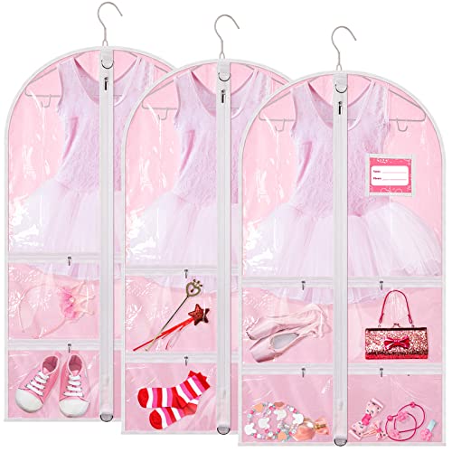 3 Pack Dance Garment Bag Pink Dance Costume Bags Kids Dress Bag with 4 Zipper Pockets 38 x 22 Inch Wardrobe Storage Bag Clear Window Garment Covers Recital Competition Bags for Dancer Girls Boys