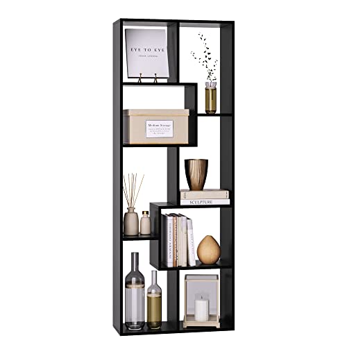 FOTOSOK Geometric Bookcase, 8-Tier Bookshelf TV Stand, Free Standing Display and Storage Shelf for Home Office, Black