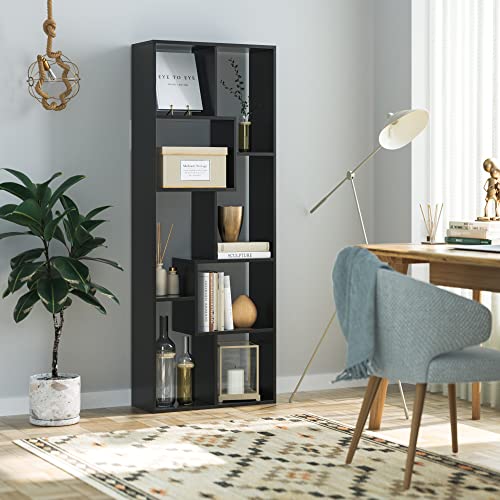 FOTOSOK Geometric Bookcase, 8-Tier Bookshelf TV Stand, Free Standing Display and Storage Shelf for Home Office, Black