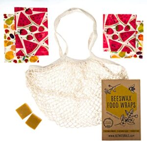 beeswax wrap kit: reusable food grade beeswax wraps for food, snacks, sandwich, eco friendly kitchen storage - includes 2 wraps, 2 beeswax bars and reusable cotton mesh market bag - cute fruit themes