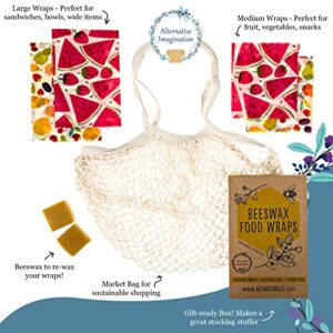 Beeswax Wrap Kit: Reusable Food Grade Beeswax Wraps for Food, Snacks, Sandwich, Eco Friendly Kitchen Storage - Includes 2 Wraps, 2 Beeswax Bars and Reusable Cotton Mesh Market Bag - Cute Fruit Themes