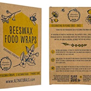 Beeswax Wrap Kit: Reusable Food Grade Beeswax Wraps for Food, Snacks, Sandwich, Eco Friendly Kitchen Storage - Includes 2 Wraps, 2 Beeswax Bars and Reusable Cotton Mesh Market Bag - Cute Fruit Themes