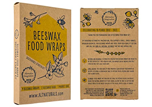 Beeswax Wrap Kit: Reusable Food Grade Beeswax Wraps for Food, Snacks, Sandwich, Eco Friendly Kitchen Storage - Includes 2 Wraps, 2 Beeswax Bars and Reusable Cotton Mesh Market Bag - Cute Fruit Themes