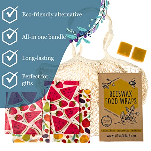 Beeswax Wrap Kit: Reusable Food Grade Beeswax Wraps for Food, Snacks, Sandwich, Eco Friendly Kitchen Storage - Includes 2 Wraps, 2 Beeswax Bars and Reusable Cotton Mesh Market Bag - Cute Fruit Themes