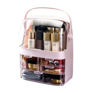 cosmetic display cases, 3 layers large capacity storage rack, portable makeup drawer, waterproof dustproof make up organizers and storage, display stand box for bedroom, bathroom, pink