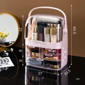 Cosmetic Display Cases, 3 Layers Large Capacity Storage Rack, Portable Makeup Drawer, Waterproof Dustproof Make Up Organizers and Storage, Display Stand Box for Bedroom, Bathroom, Pink