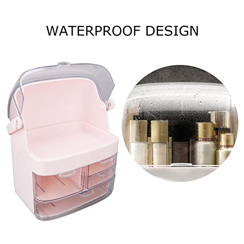 Cosmetic Display Cases, 3 Layers Large Capacity Storage Rack, Portable Makeup Drawer, Waterproof Dustproof Make Up Organizers and Storage, Display Stand Box for Bedroom, Bathroom, Pink