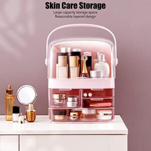 Cosmetic Display Cases, 3 Layers Large Capacity Storage Rack, Portable Makeup Drawer, Waterproof Dustproof Make Up Organizers and Storage, Display Stand Box for Bedroom, Bathroom, Pink