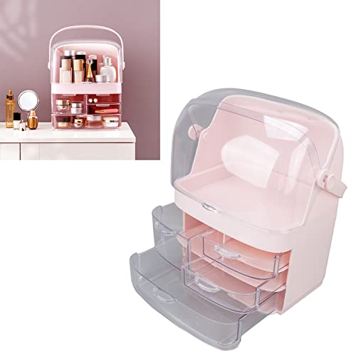 Cosmetic Display Cases, 3 Layers Large Capacity Storage Rack, Portable Makeup Drawer, Waterproof Dustproof Make Up Organizers and Storage, Display Stand Box for Bedroom, Bathroom, Pink