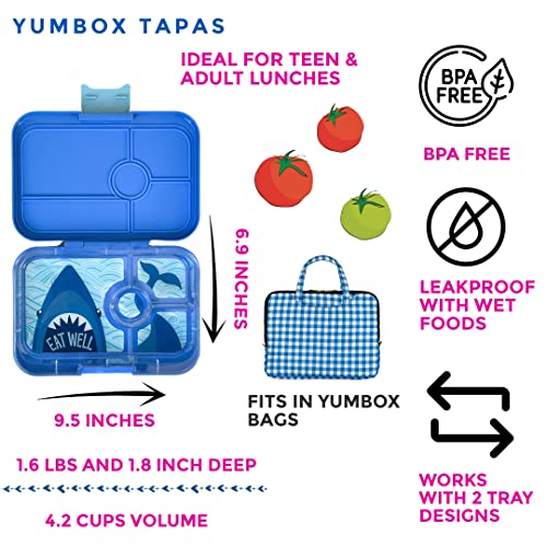 Yumbox Tapas Larger Size - 4 compartment Leakproof Bento lunch box for Pre-teens, Teens & Adults (True Blue - Shark)