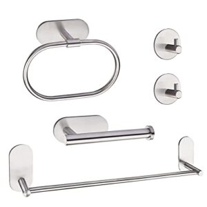 houseaid 5-piece self adhesive towel holder set for bathroom, adhesive bathroom hardware accessories including towel ring, toilet paper holder, 18” towel bar and 2 towel hooks, brushed nickel