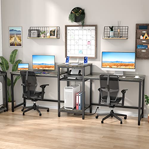 Unikito Two Person Desk, Home Office Desk with Power Outlet and Printer Stand, Double Computer Desk with Open Storage Shelf, Double Gaming Computer Desk, Extra Long Table, Writing Study Desk, Gray Oak