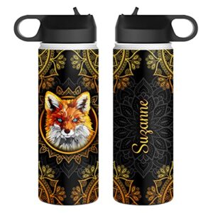 winorax personalized fox water bottle mandala pattern design sports bottles 12oz 18oz 32oz insulated stainless steel travel cup birthday christmas gift for women girls best friends kids animal lovers