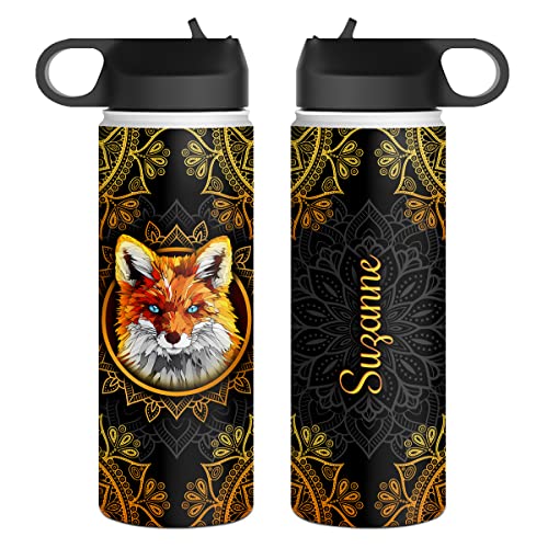 winorax Personalized Fox Water Bottle Mandala Pattern Design Sports Bottles 12oz 18oz 32oz Insulated Stainless Steel Travel Cup Birthday Christmas Gift for Women Girls Best Friends Kids Animal Lovers