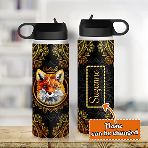 winorax Personalized Fox Water Bottle Mandala Pattern Design Sports Bottles 12oz 18oz 32oz Insulated Stainless Steel Travel Cup Birthday Christmas Gift for Women Girls Best Friends Kids Animal Lovers