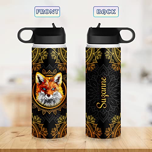 winorax Personalized Fox Water Bottle Mandala Pattern Design Sports Bottles 12oz 18oz 32oz Insulated Stainless Steel Travel Cup Birthday Christmas Gift for Women Girls Best Friends Kids Animal Lovers