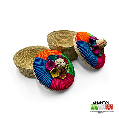 Amantoli - Mexican 100% Handwoven Sombrero Tortilla Baskets (2 Piece Set) | Mexican Tortilla Warmer |Tortillero de Palma Hecho en Mexico | Palm Straw Mexican Tortilla Bowl | Fiesta - Decoration.