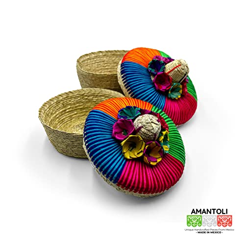 Amantoli - Mexican 100% Handwoven Sombrero Tortilla Baskets (2 Piece Set) | Mexican Tortilla Warmer |Tortillero de Palma Hecho en Mexico | Palm Straw Mexican Tortilla Bowl | Fiesta - Decoration.