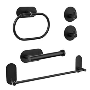 houseaid 5-piece self adhesive towel holder set for bathroom, adhesive bathroom hardware accessories including towel ring, toilet paper holder, 18” towel bar and 2 towel hooks, matte black